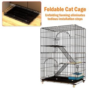 Goyappin Foldable Cat Cage, 46 Inch 3-Tier Large Kennel Enclosure with 4 Wheels, 2 Doors, 2 Ladders, 1 Hammock, 1 Pumpkin Nest, 1 Tray, Indoor Outdoor Pet Playpen