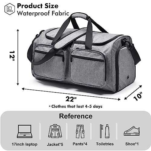 Duffle Bag for Men Travel, Large Duffle Bag Women Travel with Shoe Compartment Carry On Duffel Bag Waterproof 22 inch 50L Grey