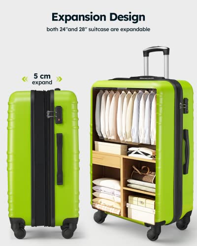 3 Piece Luggage Set Expandable (Only 24" & 28"), Hard Suitcase Set with Spinner Wheels and TSA Lock, Travel Luggage Set (Green Lime)