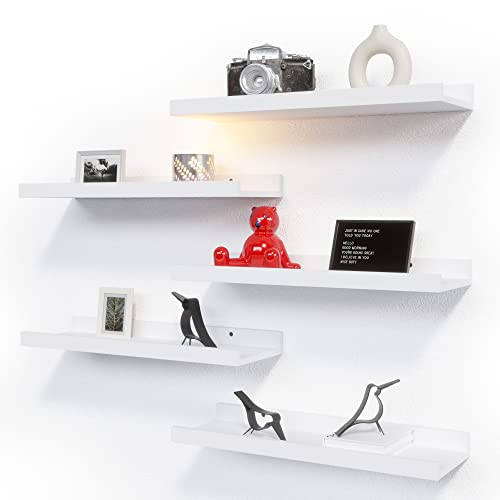 RICHER HOUSE 5 Set White Floating Shelves, Wall Mounted Shelves for Wall Decor, Modern Picture Ledge Shelf with Lip for Wall Storage Nursery, Bedroom, Living Room, Bathroom - White