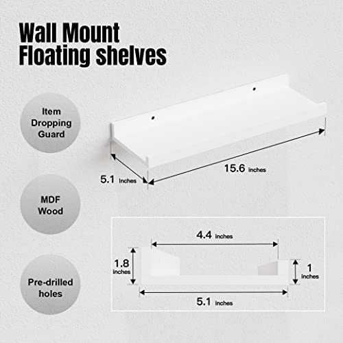 RICHER HOUSE 5 Set White Floating Shelves, Wall Mounted Shelves for Wall Decor, Modern Picture Ledge Shelf with Lip for Wall Storage Nursery, Bedroom, Living Room, Bathroom - White