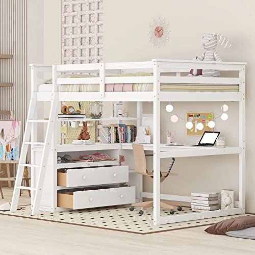 MERITLINE Full Size Loft Bed with Desk and Shelves, Wooden Loft Bed Full with Storage Drawers for Kids Teens Boys Girls,No Box Spring Needed (Full, White)