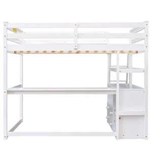 MERITLINE Full Size Loft Bed with Desk and Shelves, Wooden Loft Bed Full with Storage Drawers for Kids Teens Boys Girls,No Box Spring Needed (Full, White)