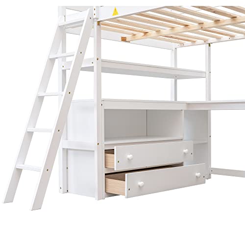 MERITLINE Full Size Loft Bed with Desk and Shelves, Wooden Loft Bed Full with Storage Drawers for Kids Teens Boys Girls,No Box Spring Needed (Full, White)