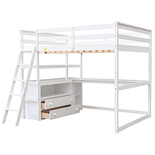 MERITLINE Full Size Loft Bed with Desk and Shelves, Wooden Loft Bed Full with Storage Drawers for Kids Teens Boys Girls,No Box Spring Needed (Full, White)