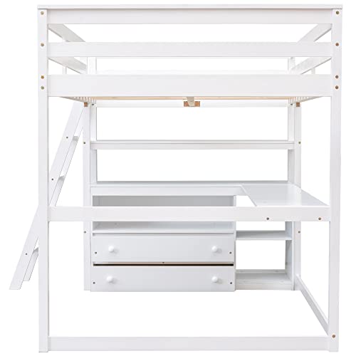 MERITLINE Full Size Loft Bed with Desk and Shelves, Wooden Loft Bed Full with Storage Drawers for Kids Teens Boys Girls,No Box Spring Needed (Full, White)