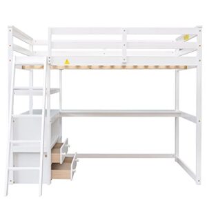 MERITLINE Full Size Loft Bed with Desk and Shelves, Wooden Loft Bed Full with Storage Drawers for Kids Teens Boys Girls,No Box Spring Needed (Full, White)