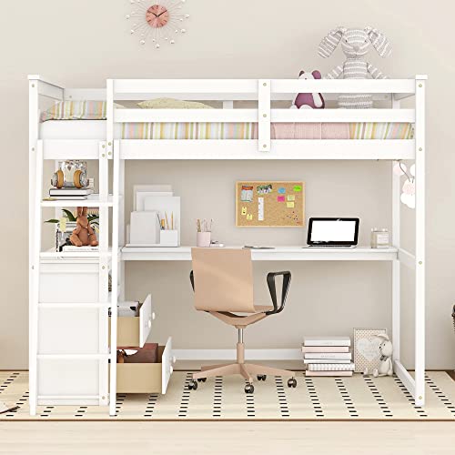 MERITLINE Full Size Loft Bed with Desk and Shelves, Wooden Loft Bed Full with Storage Drawers for Kids Teens Boys Girls,No Box Spring Needed (Full, White)