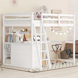 MERITLINE Full Size Loft Bed with Desk and Shelves, Wooden Loft Bed Full with Storage Drawers for Kids Teens Boys Girls,No Box Spring Needed (Full, White)