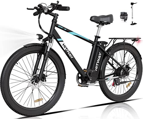 HITWAY Electric Bike for Adults, 750W/48V/14Ah Ebike with Removable Battery, 20MPH/35-75Miles Bicycle 26'×3.0 Fat Tire, Mountain E Men Women, Shimano 7-Speed Transmission, IP54, BLACK, (BK3M)