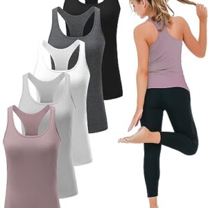 TELALEO 5 Pack Workout Tank Tops for Women, Athletic Racerback Sports Tank Tops, Compression Sleeveless Dry Fit Shirts Black/Grey/White/Light Grey/Purple M/02