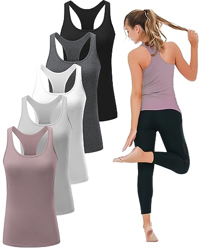 TELALEO 5 Pack Workout Tank Tops for Women, Athletic Racerback Sports Tank Tops, Compression Sleeveless Dry Fit Shirts Black/Grey/White/Light Grey/Purple M/02