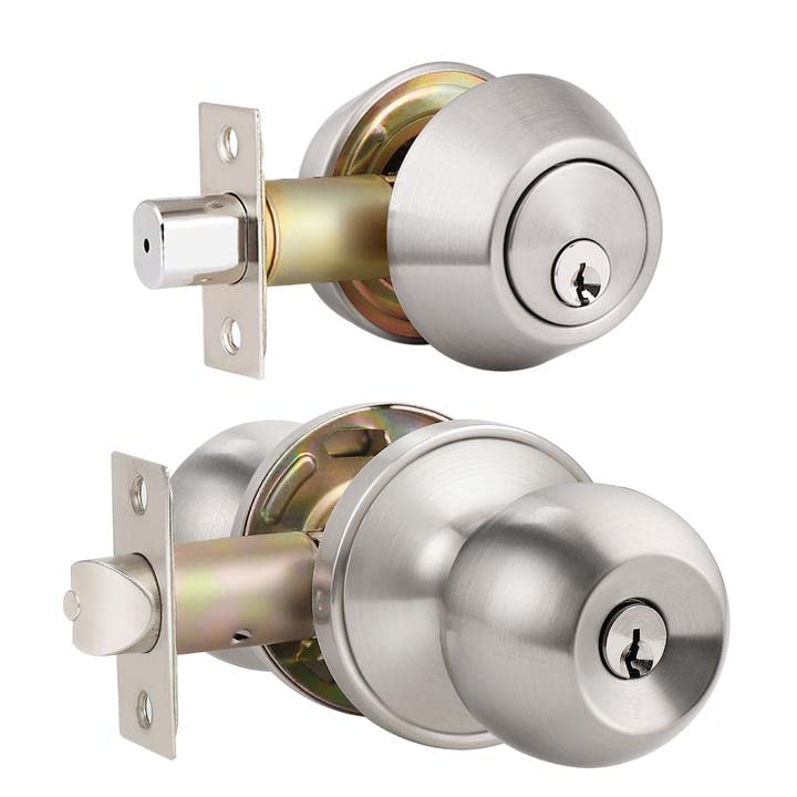 Probrico Keyed Alike Entry Door Knob and Double Cylinder Deadbolt Combo Pack, Keyed on Both Sides, Front Door and Exterior Gate Lockset Hardware, Satin Nickel, 1 Pack