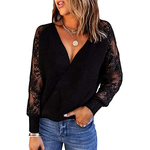 Womens Cross Wrap V Neck Lace Stitching Long Sleeve Knit Pullover Sweater for Fall Winter(S-Black)