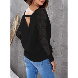 Womens Cross Wrap V Neck Lace Stitching Long Sleeve Knit Pullover Sweater for Fall Winter(S-Black)