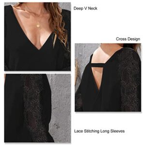 Womens Cross Wrap V Neck Lace Stitching Long Sleeve Knit Pullover Sweater for Fall Winter(S-Black)