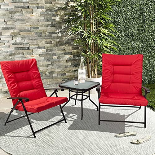 SUNCROWN 3-Piece Outdoor Furniture Patio Padded Folding Chair Set Patio Bistro Set Foldable Adjustable Reclining Lounge Chair with Coffee Table, Red