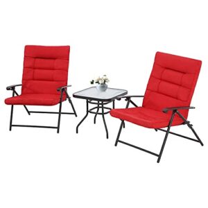 SUNCROWN 3-Piece Outdoor Furniture Patio Padded Folding Chair Set Patio Bistro Set Foldable Adjustable Reclining Lounge Chair with Coffee Table, Red