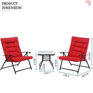 SUNCROWN 3-Piece Outdoor Furniture Patio Padded Folding Chair Set Patio Bistro Set Foldable Adjustable Reclining Lounge Chair with Coffee Table, Red