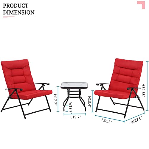 SUNCROWN 3-Piece Outdoor Furniture Patio Padded Folding Chair Set Patio Bistro Set Foldable Adjustable Reclining Lounge Chair with Coffee Table, Red