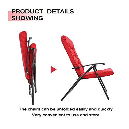 SUNCROWN 3-Piece Outdoor Furniture Patio Padded Folding Chair Set Patio Bistro Set Foldable Adjustable Reclining Lounge Chair with Coffee Table, Red