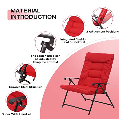 SUNCROWN 3-Piece Outdoor Furniture Patio Padded Folding Chair Set Patio Bistro Set Foldable Adjustable Reclining Lounge Chair with Coffee Table, Red