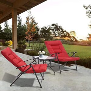 SUNCROWN 3-Piece Outdoor Furniture Patio Padded Folding Chair Set Patio Bistro Set Foldable Adjustable Reclining Lounge Chair with Coffee Table, Red