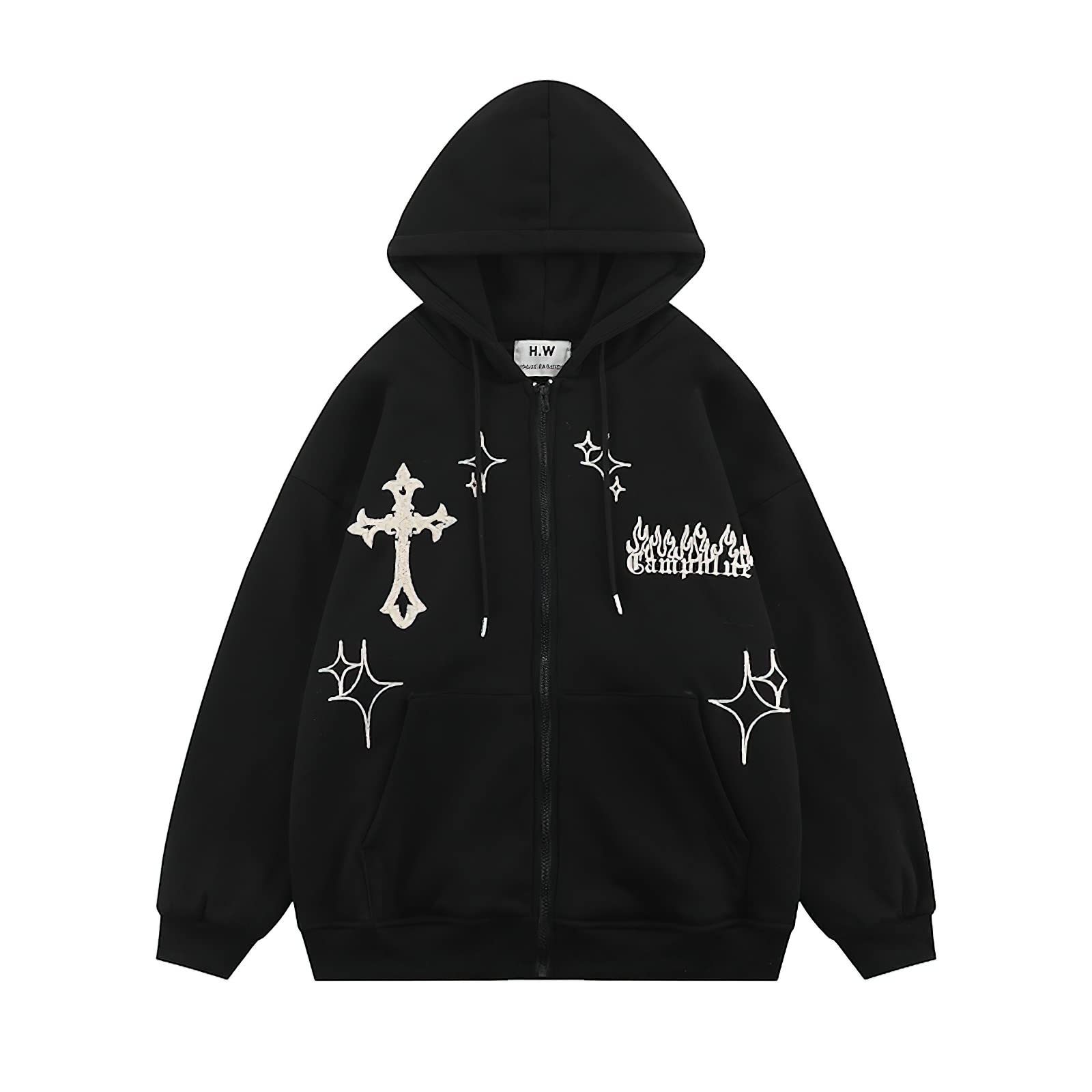 Ponitrack Aesthetic Hoodie Y2K Hoodie Gothic Hoodie Flame Cross Print Streetwear Women Oversized Hoodie Zip Up (Black,L,Large)