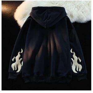 Ponitrack Aesthetic Hoodie Y2K Hoodie Gothic Hoodie Flame Cross Print Streetwear Women Oversized Hoodie Zip Up (Black,L,Large)