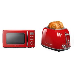 galanz glcmkz09rdr09 retro countertop microwave oven with auto cook & reheat, quick start functions, easy clean with glass turntable, pull handle, 0.9 cu ft, red & 2 slice retro toaster, retro red