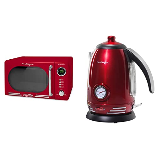 Nostalgia Retro Compact Countertop Microwave Oven, 0.7 Cu. Ft. 700-Watts with LED Digital Display, Child Lock, Red & WK17RR Retro Stainless Steel Electric Water Kettle, Holds 1.7 Liters, retro red