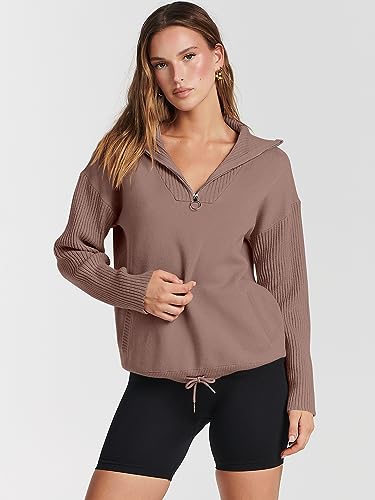 ANRABESS Quarter Zip Sweaters for Women Long Sleeve Casual Collared V Neck Knit Zipper Loose Fit Solid Pullover Jumper 2023 Fall Winter Fashion Clothes with Pockets 780doukou-S