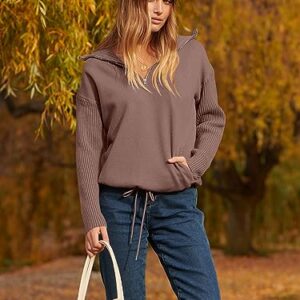 ANRABESS Quarter Zip Sweaters for Women Long Sleeve Casual Collared V Neck Knit Zipper Loose Fit Solid Pullover Jumper 2023 Fall Winter Fashion Clothes with Pockets 780doukou-S