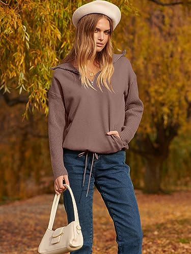 ANRABESS Quarter Zip Sweaters for Women Long Sleeve Casual Collared V Neck Knit Zipper Loose Fit Solid Pullover Jumper 2023 Fall Winter Fashion Clothes with Pockets 780doukou-S