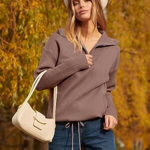 ANRABESS Quarter Zip Sweaters for Women Long Sleeve Casual Collared V Neck Knit Zipper Loose Fit Solid Pullover Jumper 2023 Fall Winter Fashion Clothes with Pockets 780doukou-S