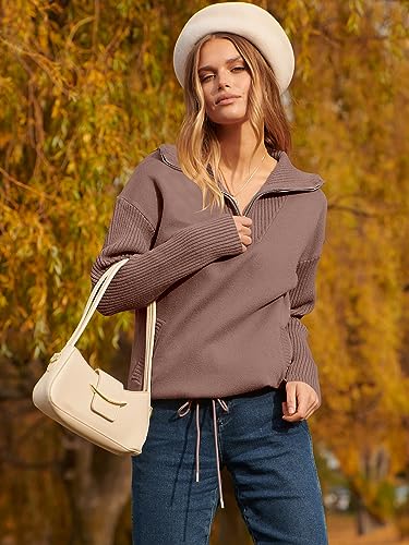 ANRABESS Quarter Zip Sweaters for Women Long Sleeve Casual Collared V Neck Knit Zipper Loose Fit Solid Pullover Jumper 2023 Fall Winter Fashion Clothes with Pockets 780doukou-S