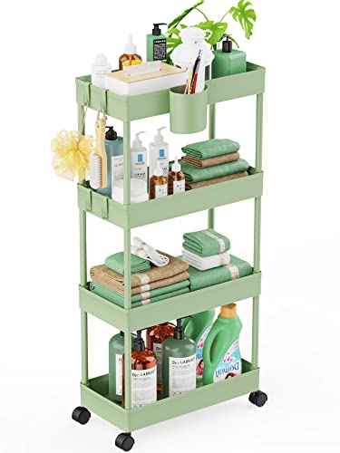 LEHOM Slim Rolling Storage Cart - 4 Tiers Bathroom Organizer Utility Cart Slide Out Storage Shelves Mobile Shelving Unit for Kitchen, Bedroom, Office, Laundry Room, Small Narrow Spaces, Green