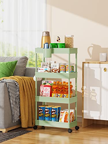 LEHOM Slim Rolling Storage Cart - 4 Tiers Bathroom Organizer Utility Cart Slide Out Storage Shelves Mobile Shelving Unit for Kitchen, Bedroom, Office, Laundry Room, Small Narrow Spaces, Green