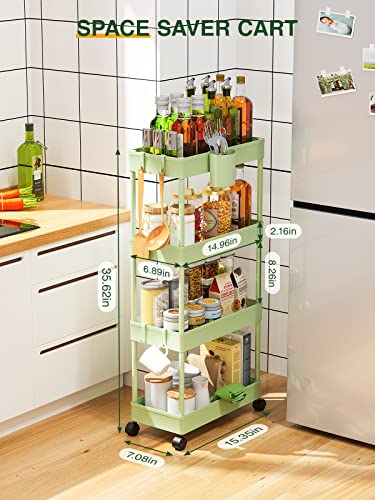 LEHOM Slim Rolling Storage Cart - 4 Tiers Bathroom Organizer Utility Cart Slide Out Storage Shelves Mobile Shelving Unit for Kitchen, Bedroom, Office, Laundry Room, Small Narrow Spaces, Green