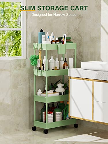 LEHOM Slim Rolling Storage Cart - 4 Tiers Bathroom Organizer Utility Cart Slide Out Storage Shelves Mobile Shelving Unit for Kitchen, Bedroom, Office, Laundry Room, Small Narrow Spaces, Green