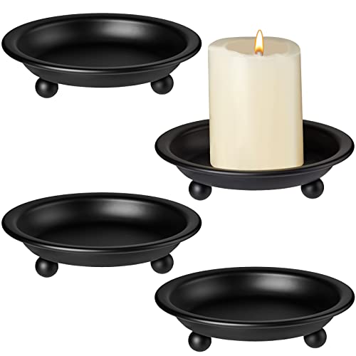 4 Pieces Matte Black Iron Candle Plate Decorative Saucer Style Candle Holder Tray Metal Pedestal Candle Stand for Christmas Table Centerpiece Wedding Party Spa Decoration Pillar Candles 4.13 Inches