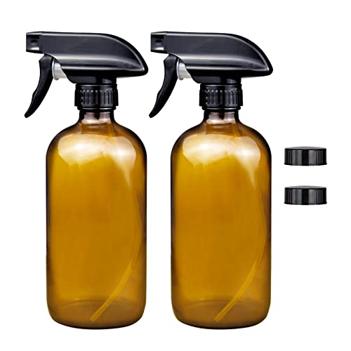 Easeen 2 Pack of 16 oz Amber Glass Spray Bottles – Refillable Clear Containers with Adjustable Sprayer for Essential Oils, Plants, Cleaning Products, Cooking