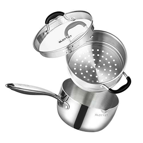 SLOTTET Tri-Ply Whole-Clad Stainless Steel Sauce Pan with Steamer,1.5 Quart Small Multipurpose Pot with Pour Spout,Strainer Glass Lid, 1Quart Saucepan for Cooking with Stay-cool Handle.