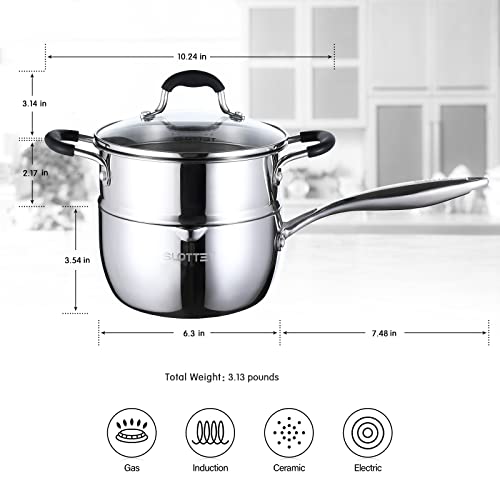 SLOTTET Tri-Ply Whole-Clad Stainless Steel Sauce Pan with Steamer,1.5 Quart Small Multipurpose Pot with Pour Spout,Strainer Glass Lid, 1Quart Saucepan for Cooking with Stay-cool Handle.