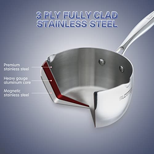 SLOTTET Tri-Ply Whole-Clad Stainless Steel Sauce Pan with Steamer,1.5 Quart Small Multipurpose Pot with Pour Spout,Strainer Glass Lid, 1Quart Saucepan for Cooking with Stay-cool Handle.