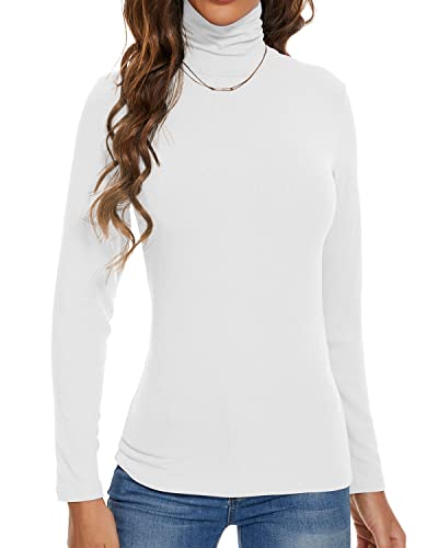 Tight Long Sleeve Shirts for Women,Turtleneck Sweater Women Long Sleeve Henley Ribbed Thermal Undershirt Slim Fit Basic Layering Aesthetic Long Underwear Tops Women White M