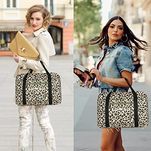 Gym Bag for Women, Travel Duffel Bag, Tote Bag,Weekender bag,For Spirit Airlines Personal Item Bag 18x14x8,Foldable Carry on Luggage for Women - Leopard Print