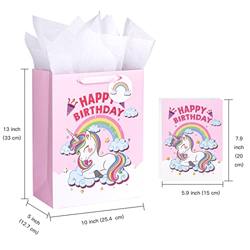 WRAPAHOLIC 13" Large Birthday Gift Bags with Card and Tissue Paper - 2 Pack for Kids Girl Birthday, Gift Wrap