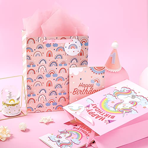 WRAPAHOLIC 13" Large Birthday Gift Bags with Card and Tissue Paper - 2 Pack for Kids Girl Birthday, Gift Wrap