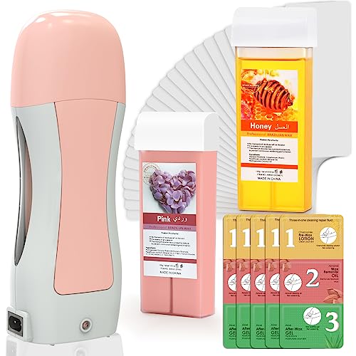 Roll On Waxing Kit, Depilatory Roll On Wax Warmer for Hair Removal with 2 Tea Tree Cartridge Refill 10 Wax-removing Wipes and 100pcs Wax Strips, (Pink) (Pink)